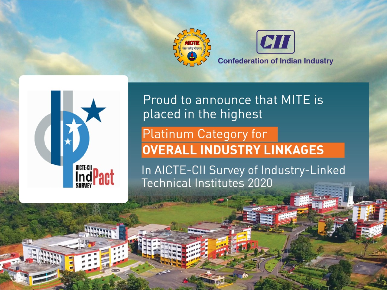 PLATINUM CATEGORY - Rating in AICTE-CII Survey 2020 for MITE